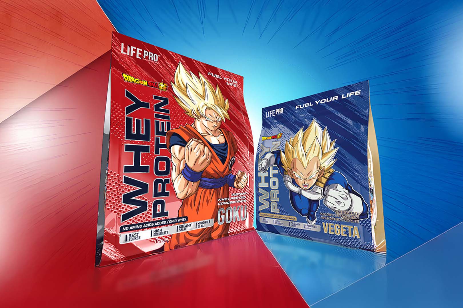 Life Pro x Dragon Ball Super Goku and Vegeta protein powders