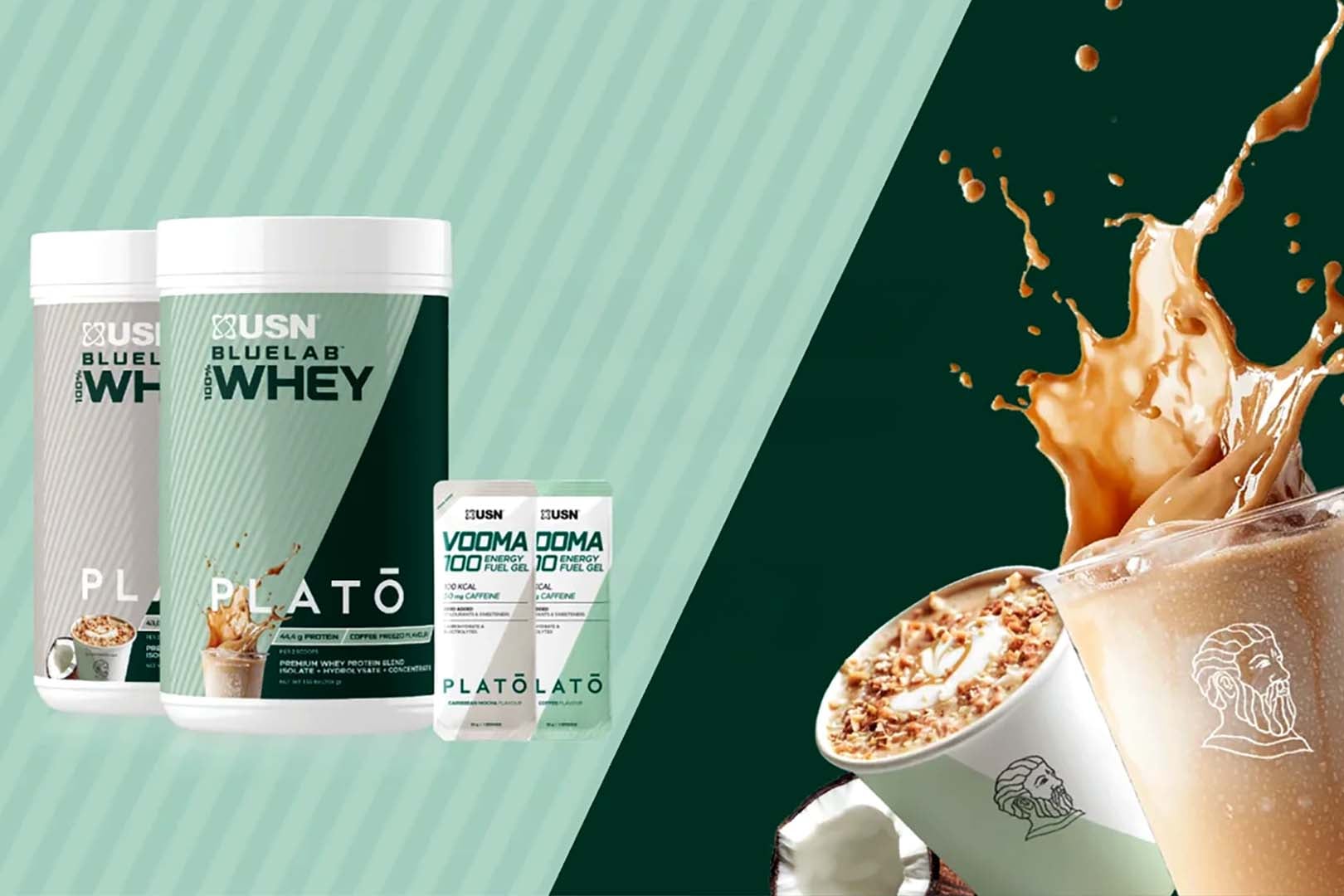 USN and Plato's coffee-flavored protein powder and energy gels