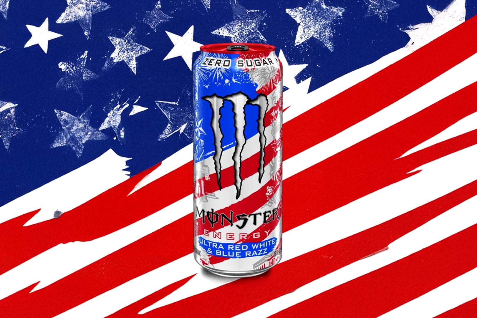 Monster Ultra Red White & Blue Razz available in military channel