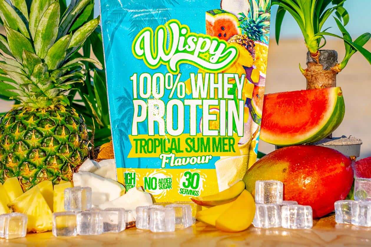 Fruit-filled Tropical Summer flavor drops for Wispy's 100% Whey Protein