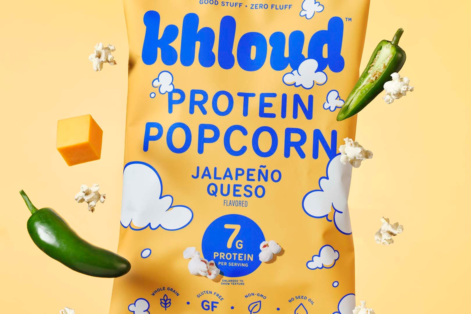 Khloud Foods cheesy and spicy Jalapeño Queso Protein Popcorn
